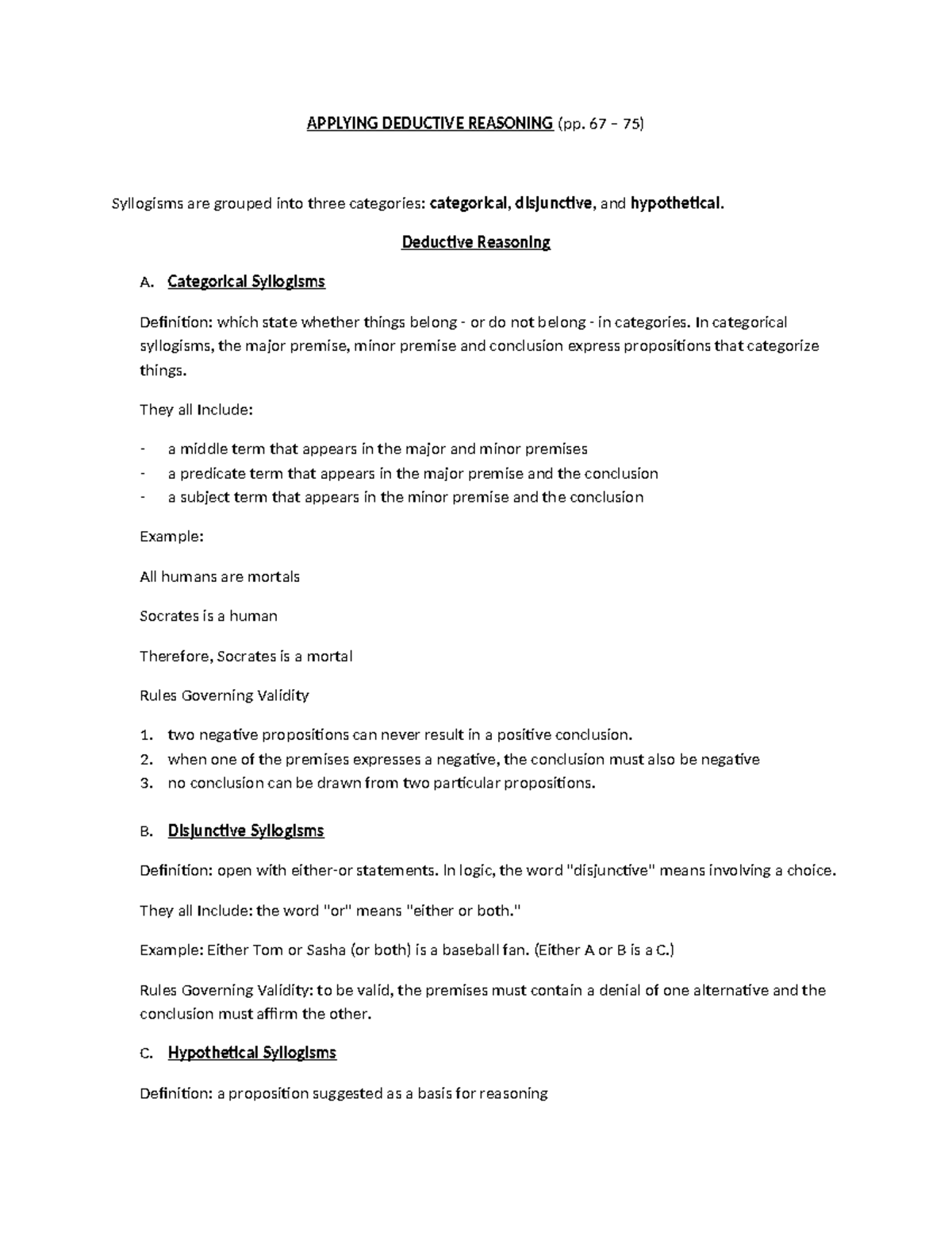 APPLYING DEDUCTIVE REASONING: SYLLOGISMS & VALIDITY (Mar 2016) - Studocu