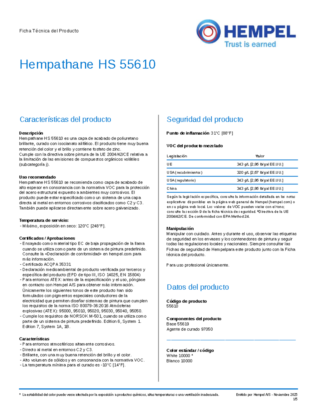 Ficha Técnica del Producto Hempathane HS 55610 - Características y ...