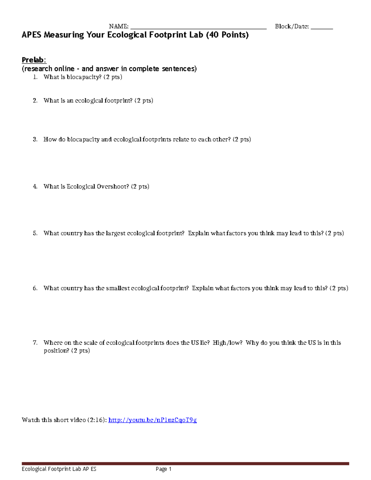 APES Ecological Footprint Activity Lab Instructions and Questions - Studocu