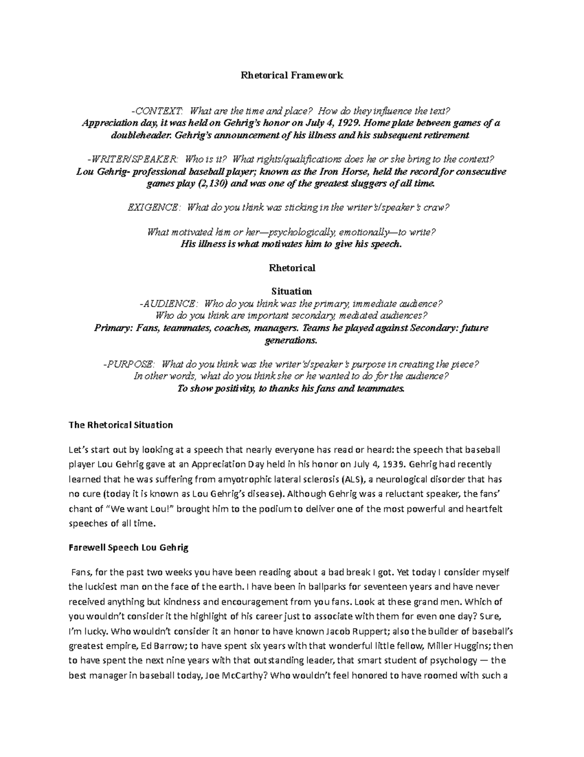 Rhetorical Analysis of Lou Gehrig's Farewell Speech - ENG 101 - Studocu
