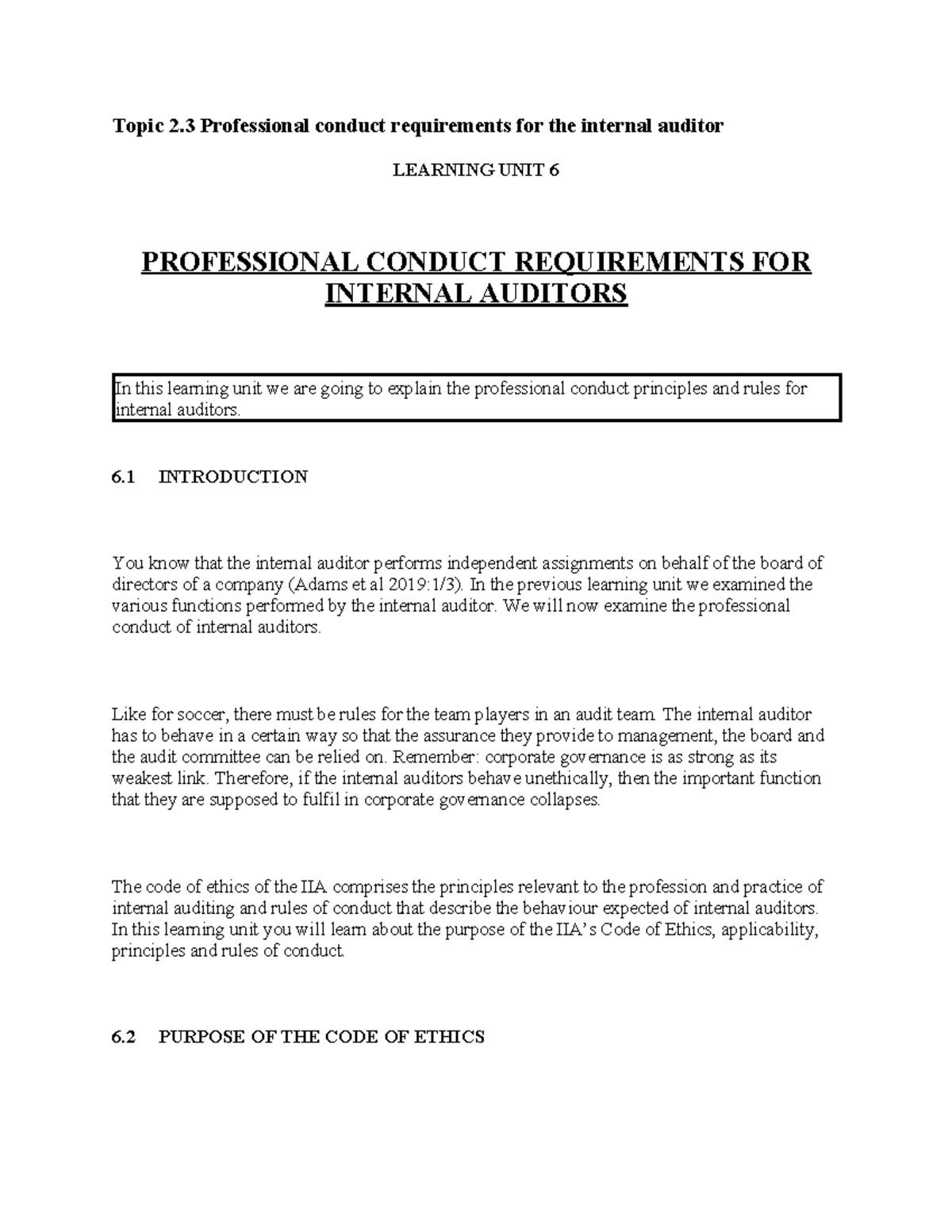 Professional Conduct & Ethics for Internal Auditors - LEARNING UNIT 6 ...