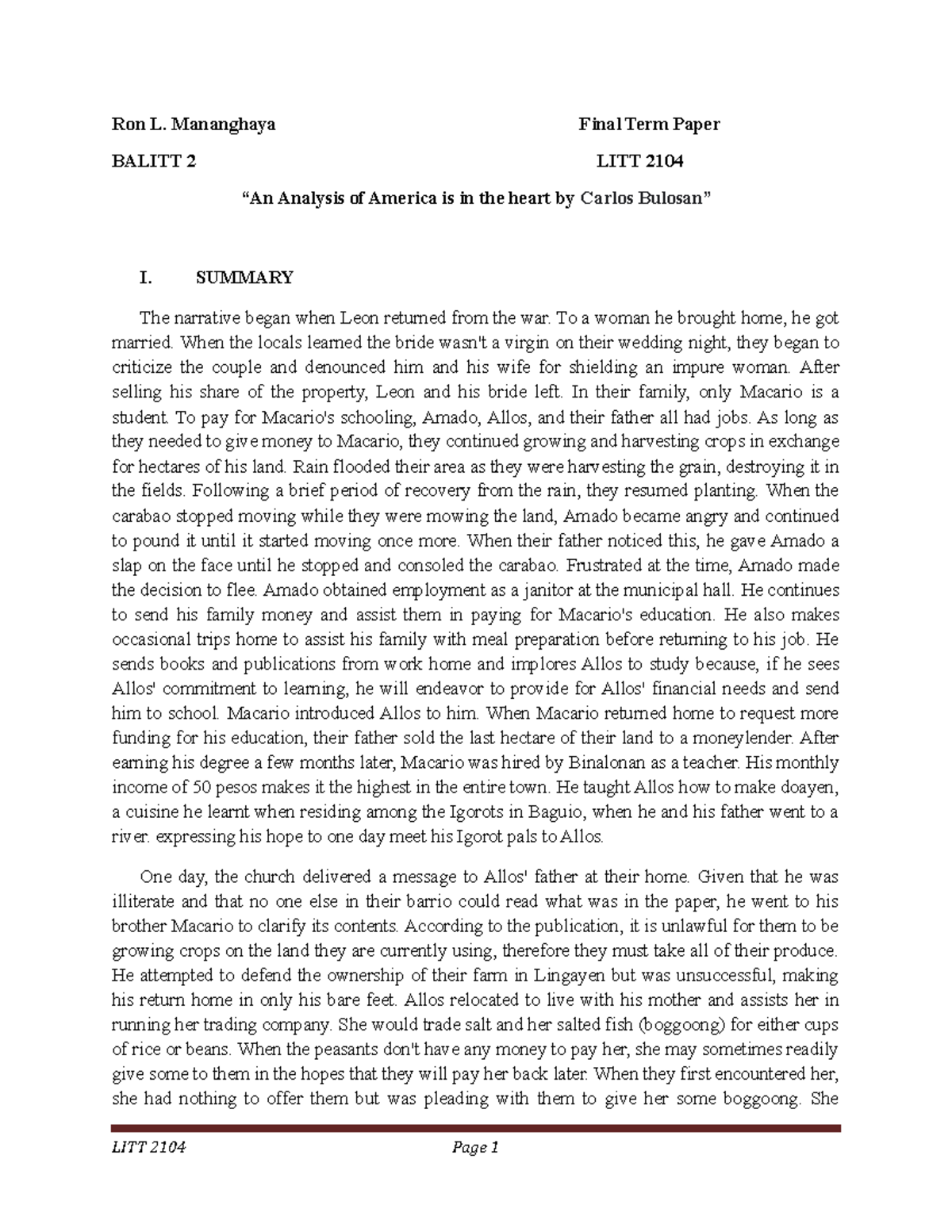 Final Term Paper: Analysis of 'America is in the Heart' - BALITT 2 LITT ...