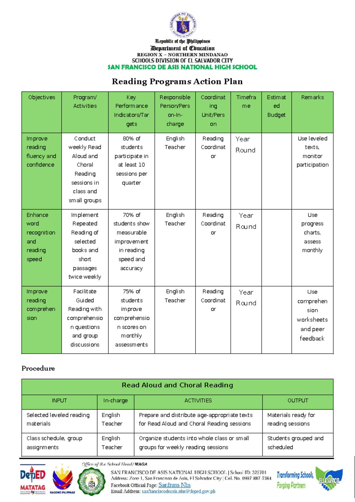 Action Plan for Reading Programs (ENG 101) - Studocu