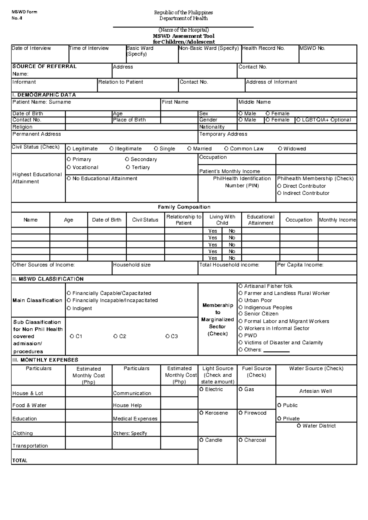 MSWD Assessment Tool for Children/Adolescents: Form 4 - Studocu