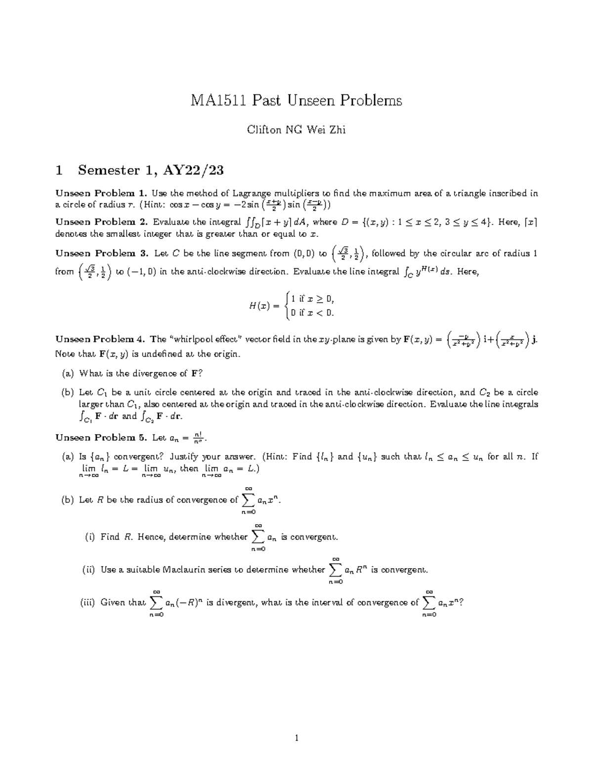 MA1511 Semester 1 & 2 Past Unseen Problems Analysis - Studocu