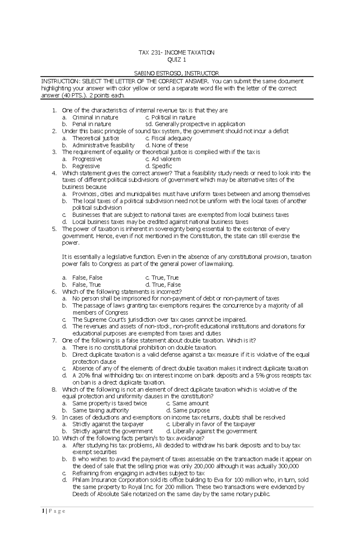 Tax 231 - Quiz 1 - Quiz - 1 | P a g e TAX 231- INCOME TAXATION QUIZ 1 ...