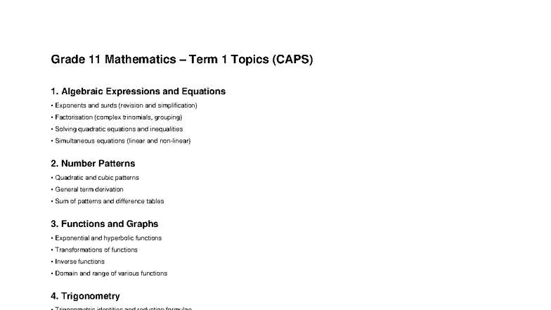 Grade 11 Mathematics Term 1 Topics Overview (CAPS) - Studocu