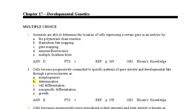 Chapter Genetics - Multiple Choice Questions and Answers - Studocu