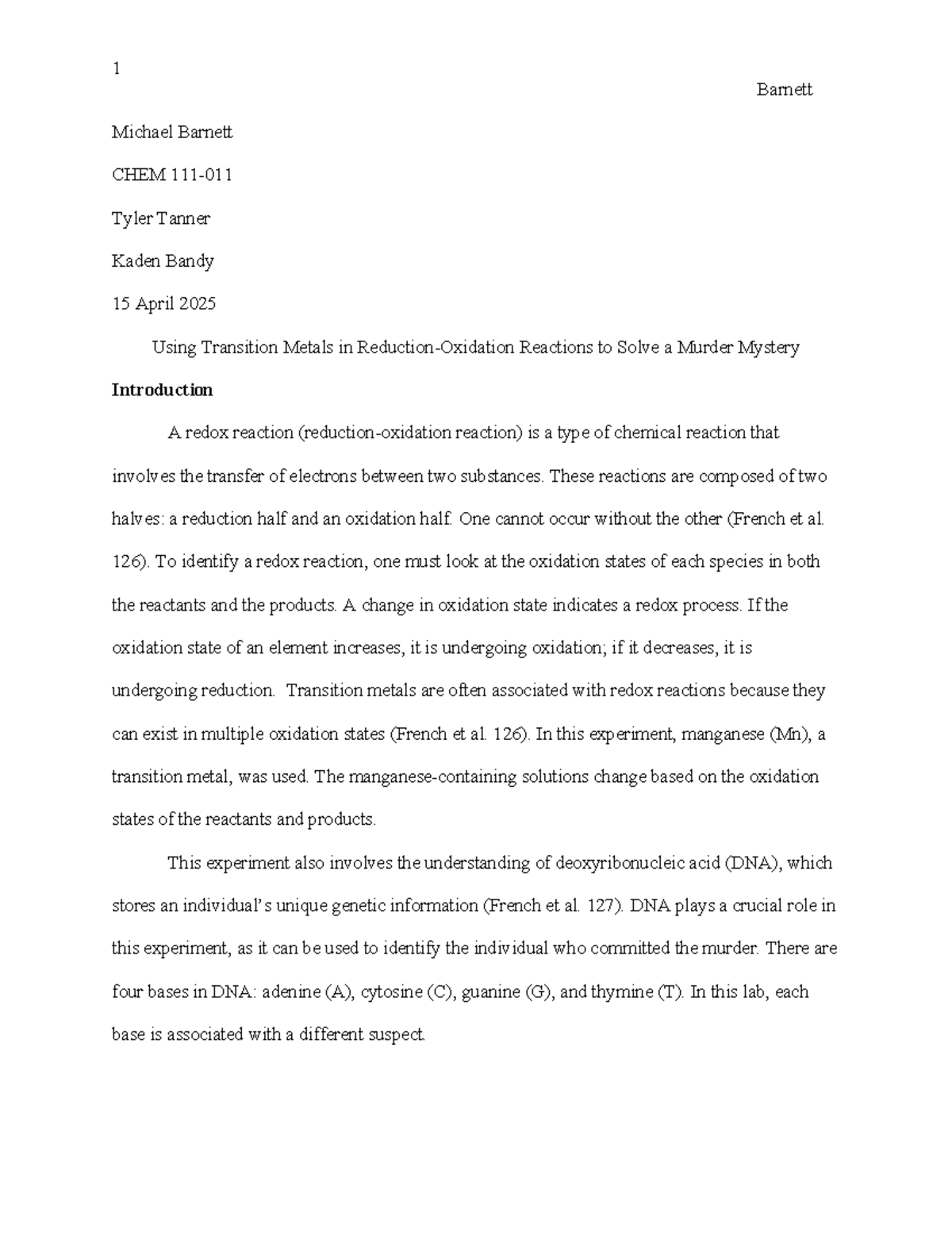 Lab Report 8: Using Transition Metals in Redox Reactions to Solve a ...