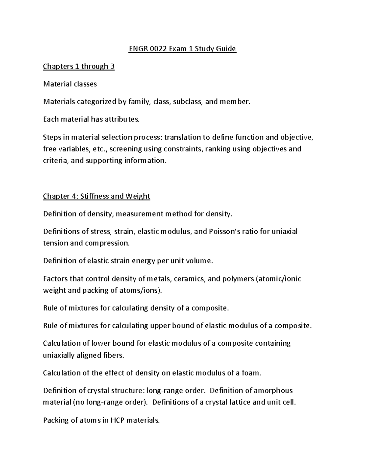 ENGR 0022 Exam 1 Study Guide: Material Classes & Properties Overview ...