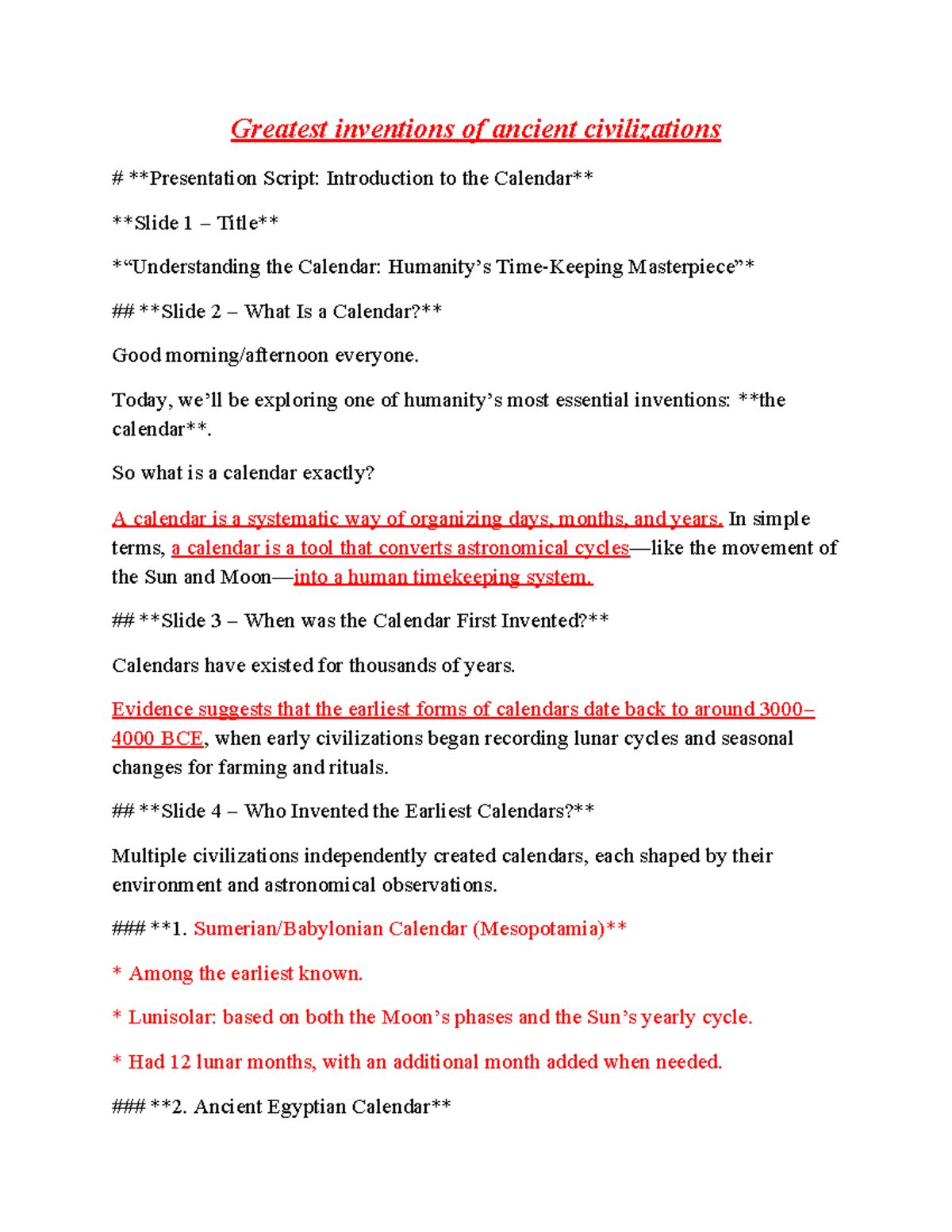 Ancient Civilizations' Calendar Inventions: A Presentation Script - Studocu