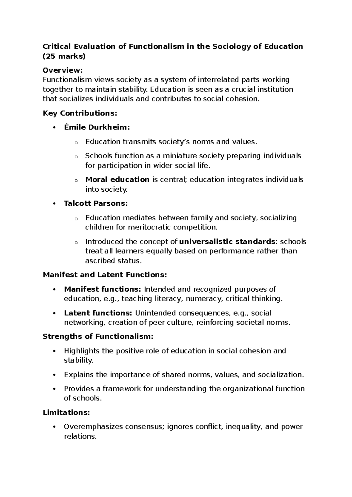 Functionalism in Sociology of Education: Critical Evaluation Notes (25 ...