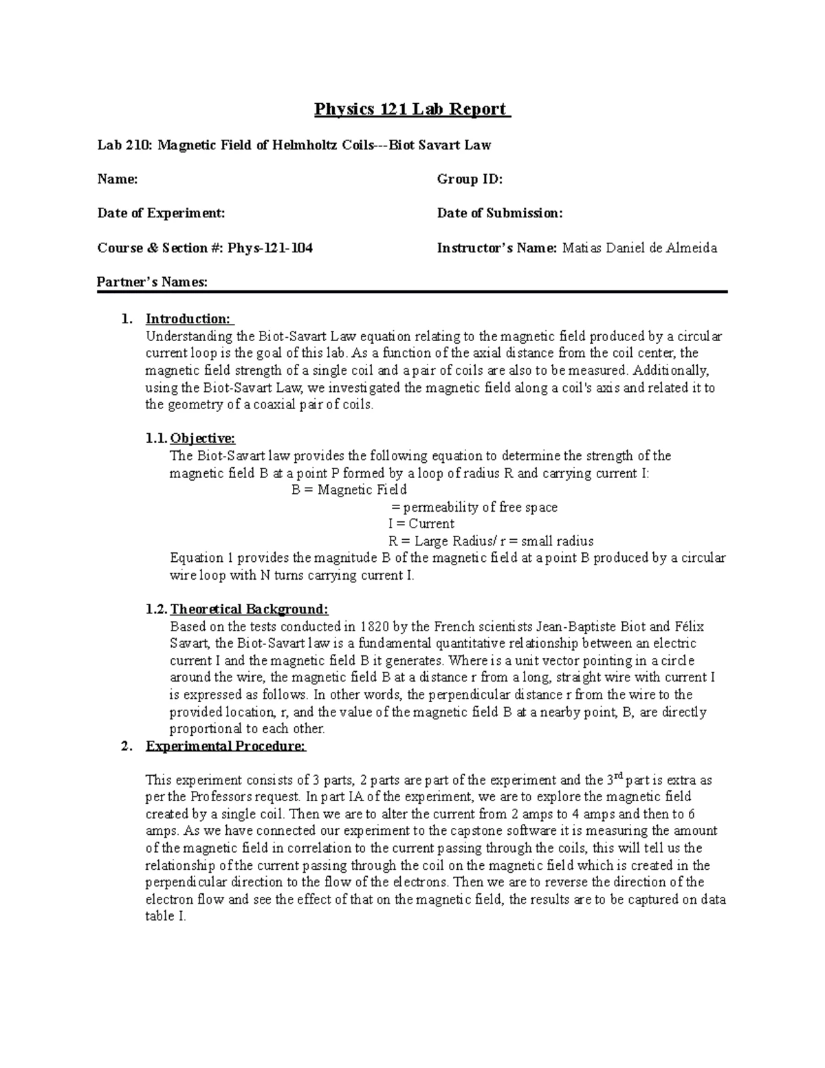 Lab 215 - Ohm's Law - Current, Voltage, and Resistance Measurements - Physics 121 Lab Report Lab ...