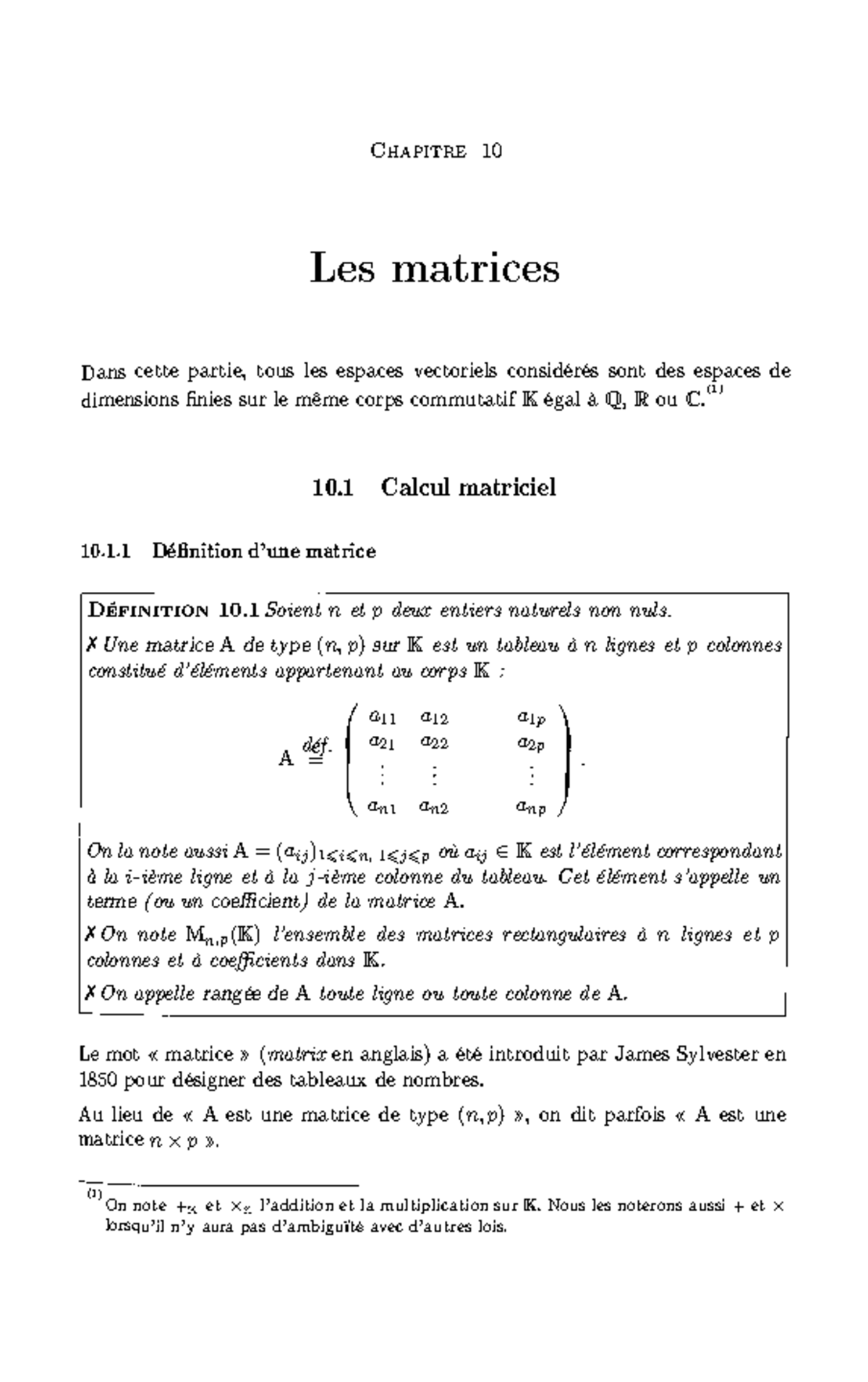 Matrices et Calcul Matriciel - Cours d'Algèbre 1 - Chapitre 10 - Studocu