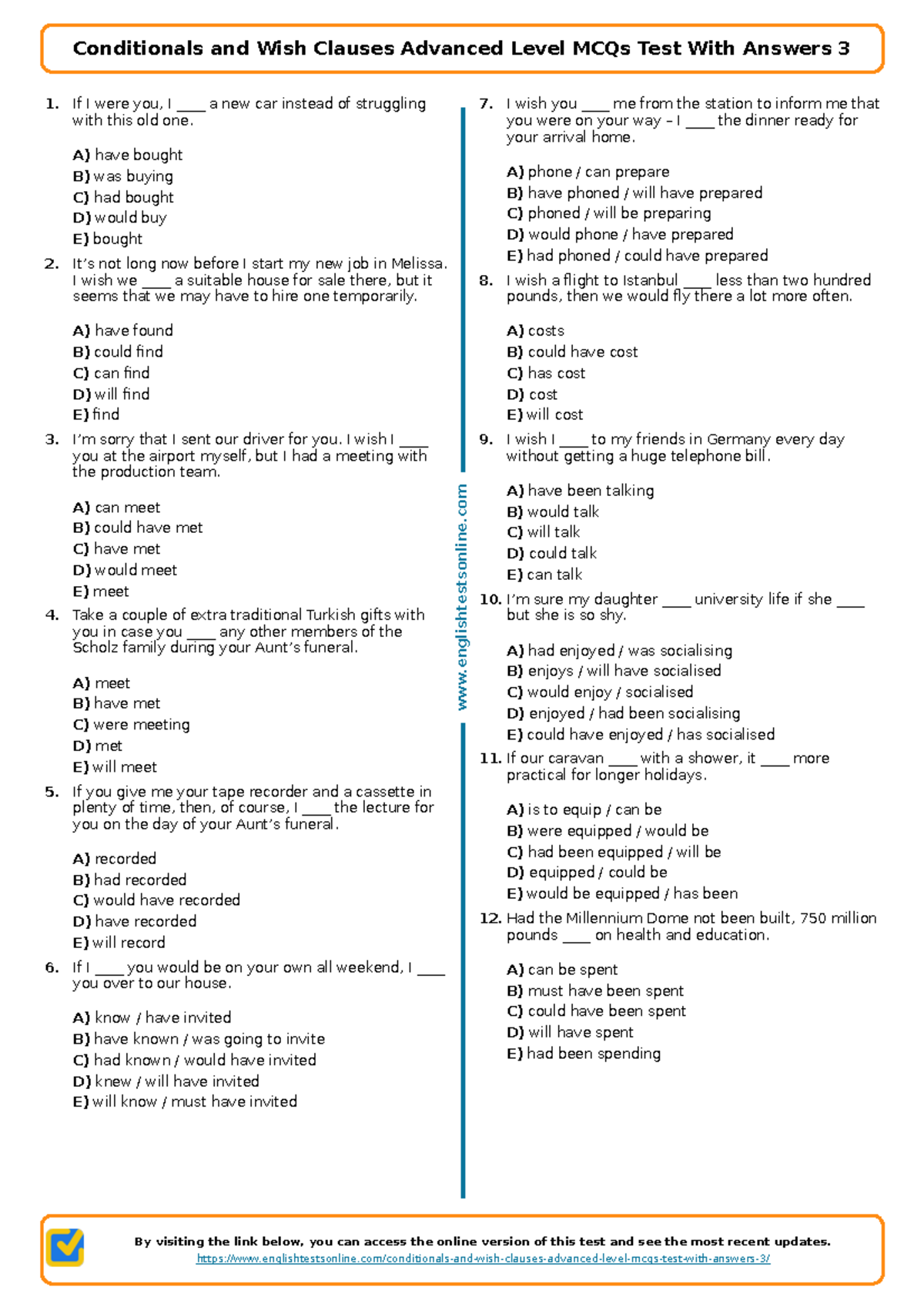 Conditionals & Wish Clauses: Advanced Level MCQs Test with Answers 3 ...