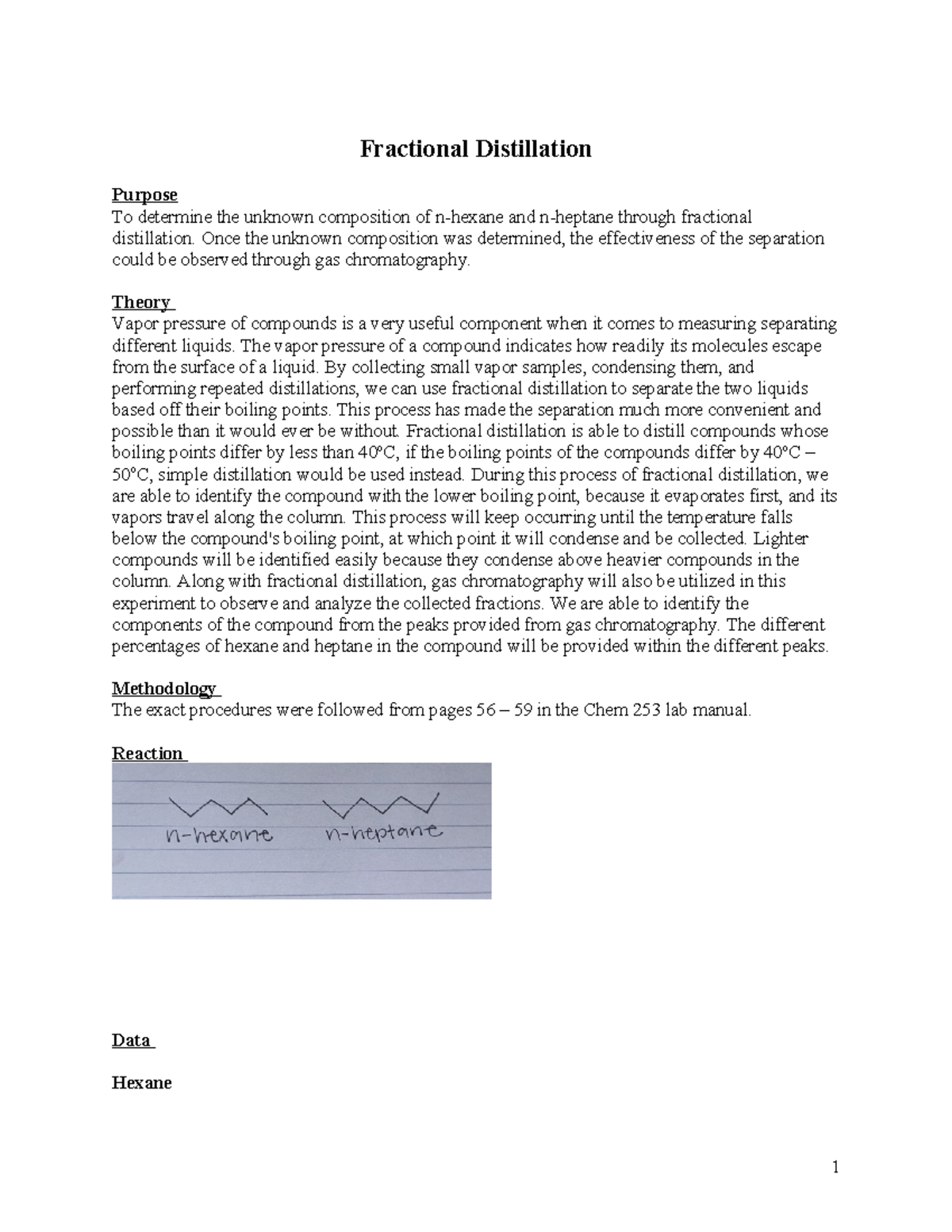 Chem 253: Fractional Distillation Lab Report on Hexane & Heptane - Studocu