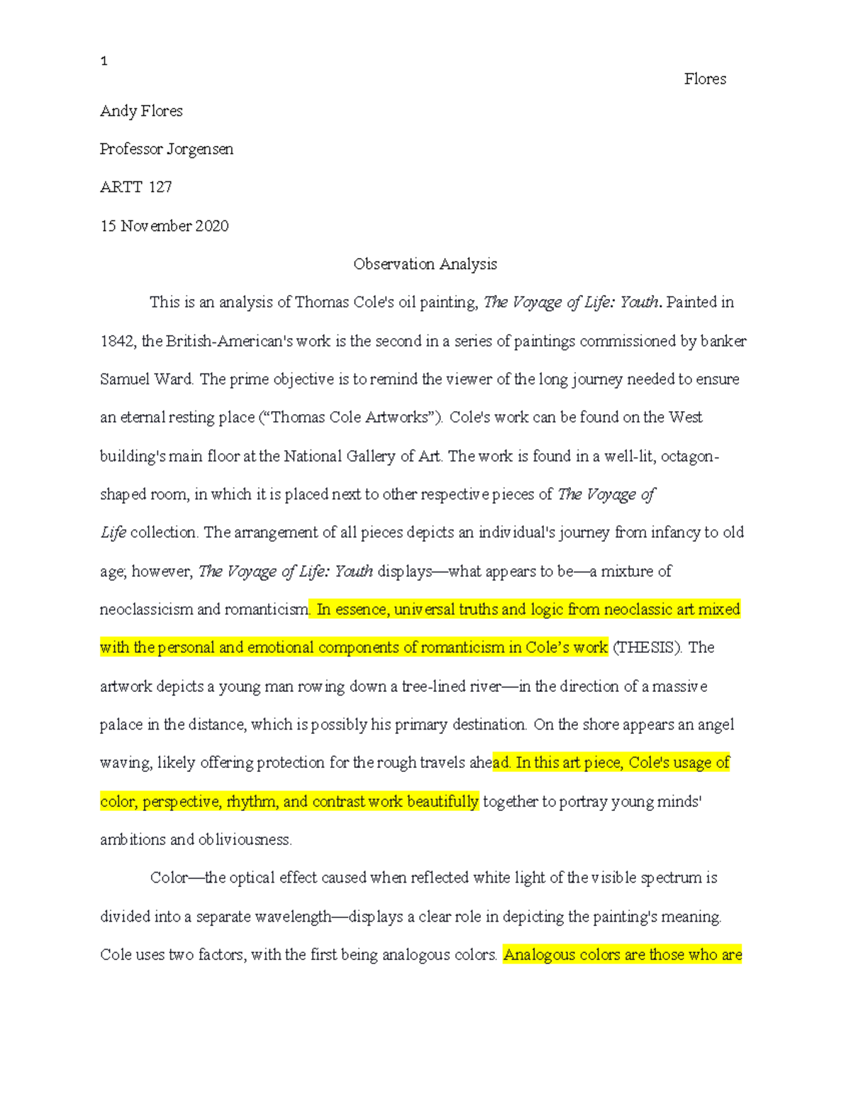 ARTT 127: Observation Analysis of Thomas Cole's "The Voyage of Life ...
