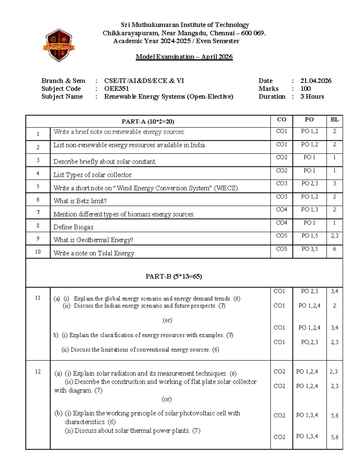 OEE351 Renewable Energy Systems Model Exam Question Paper Set 1 - Studocu