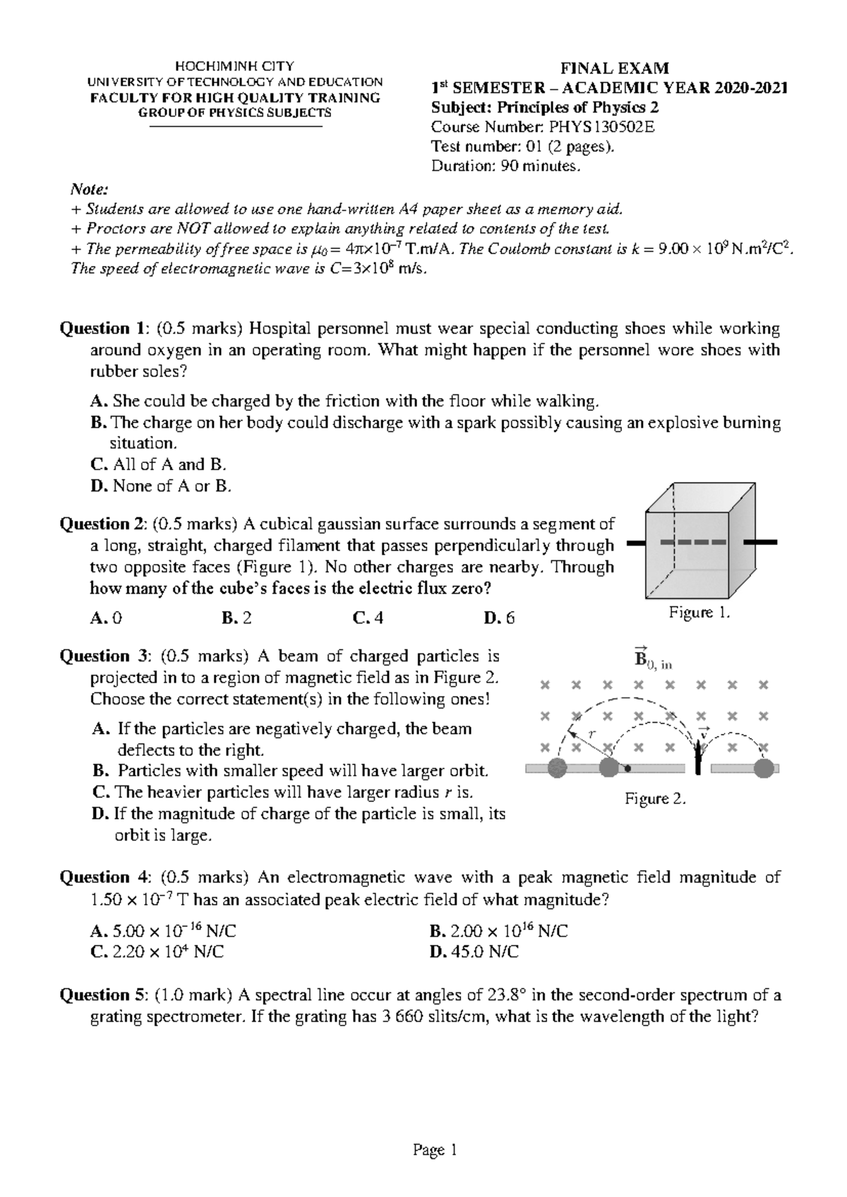PHYS130502E Final Exam Principles of Physics 2 - 1st Semester 2020-2021 ...