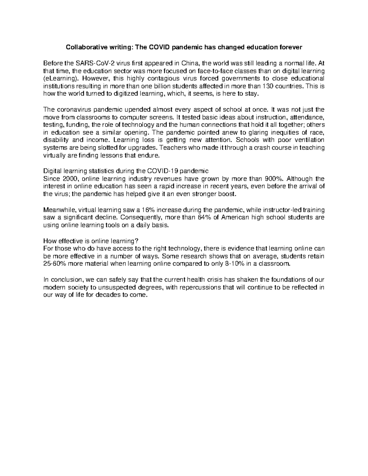 Collaborative Writing: The Impact of COVID-19 on Education and Learning ...