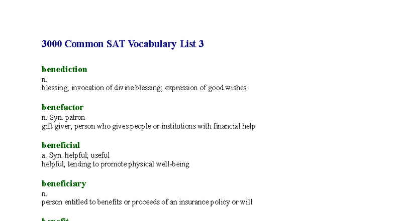 Common SAT Vocabulary List 3: Key Terms and Definitions - Studocu