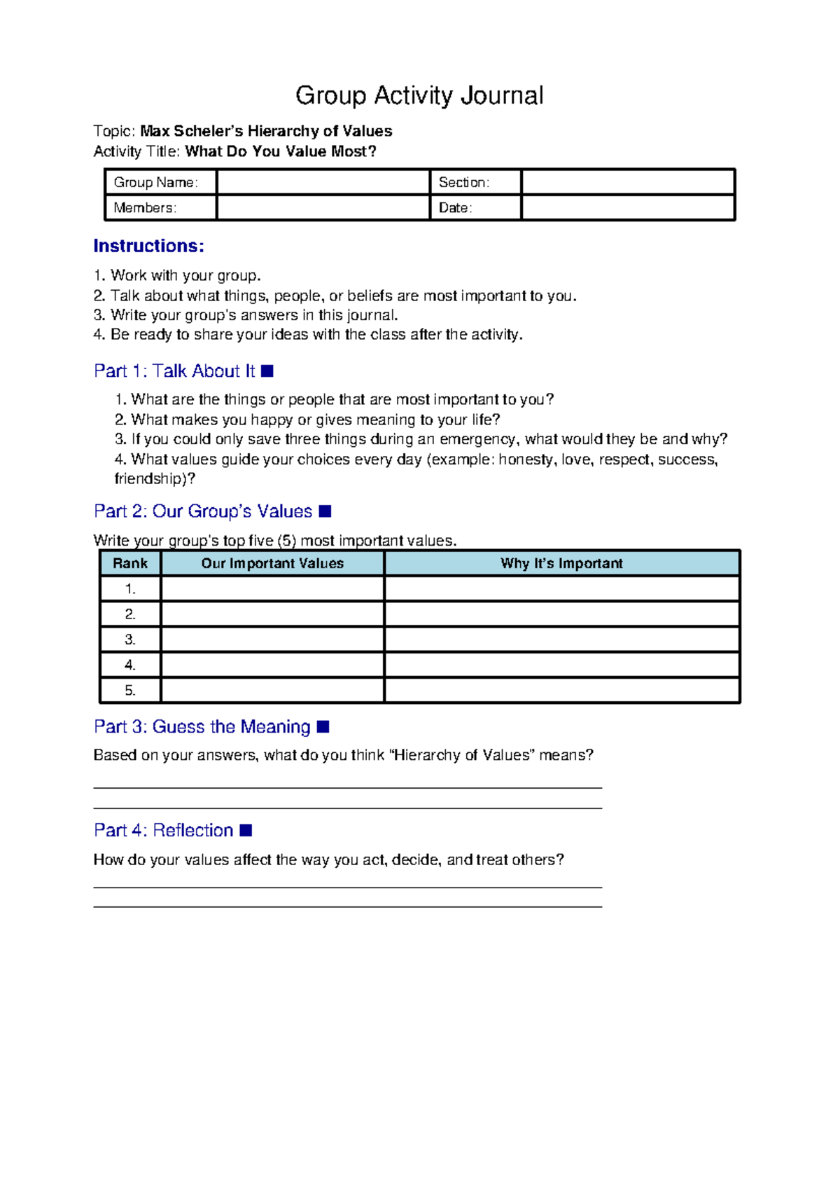 Grade 7 Group Activity: Hierarchy of Values Journal - Studocu