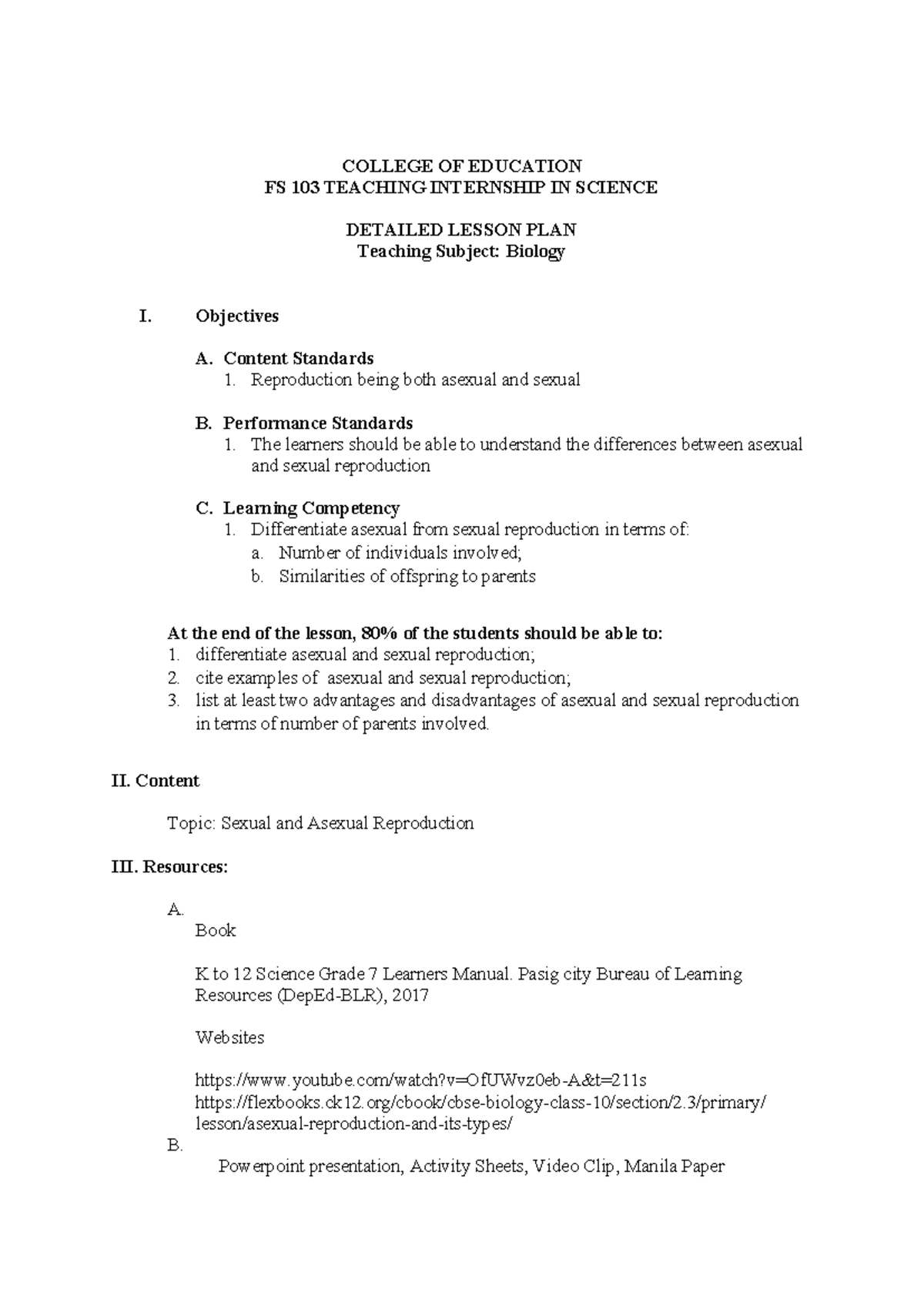 FS 103 Detailed Lesson Plan on Sexual and Asexual Reproduction - Studocu