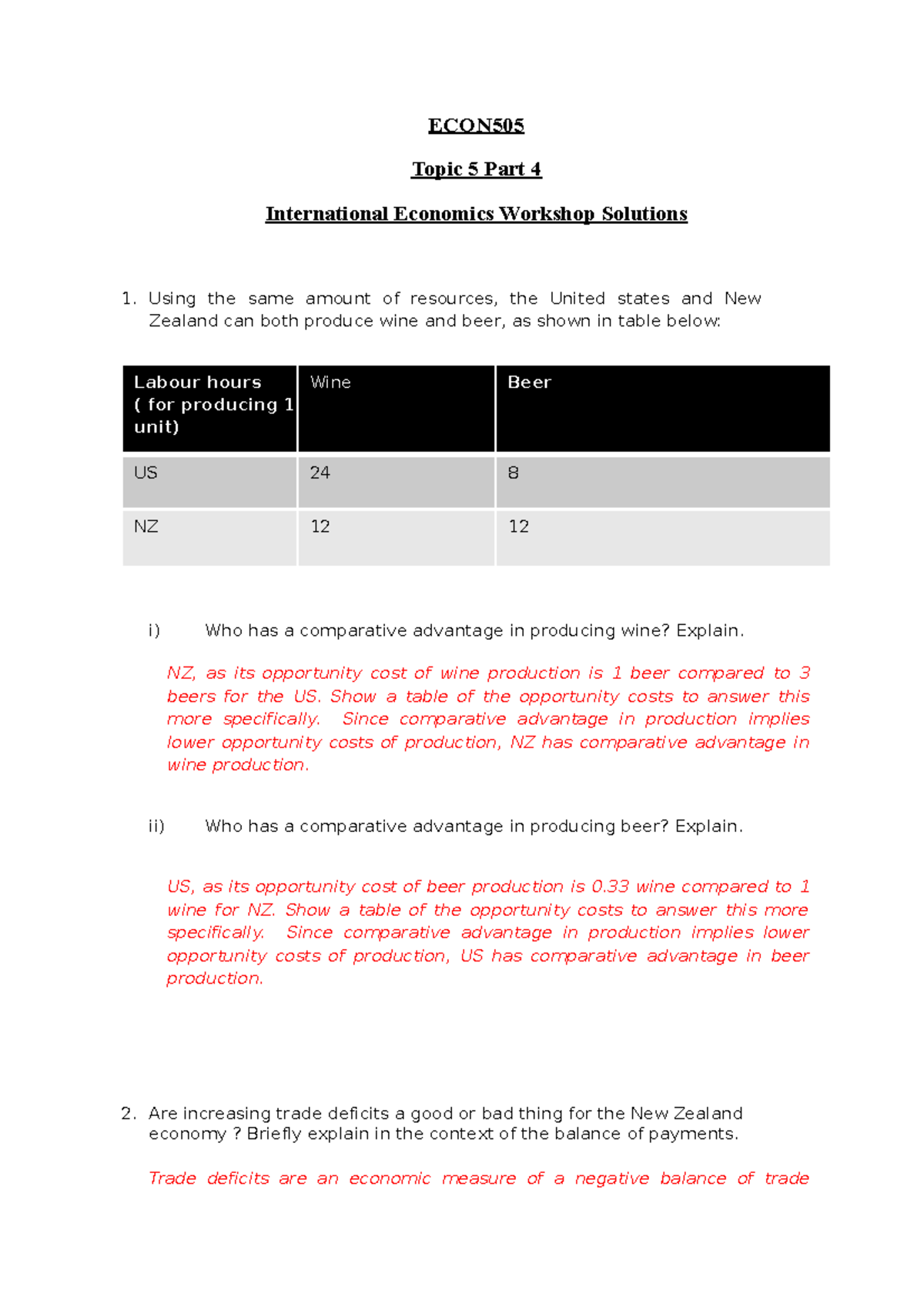ECON505 Week 12 Topic 5.4 International Economics Workshop Solutions ...