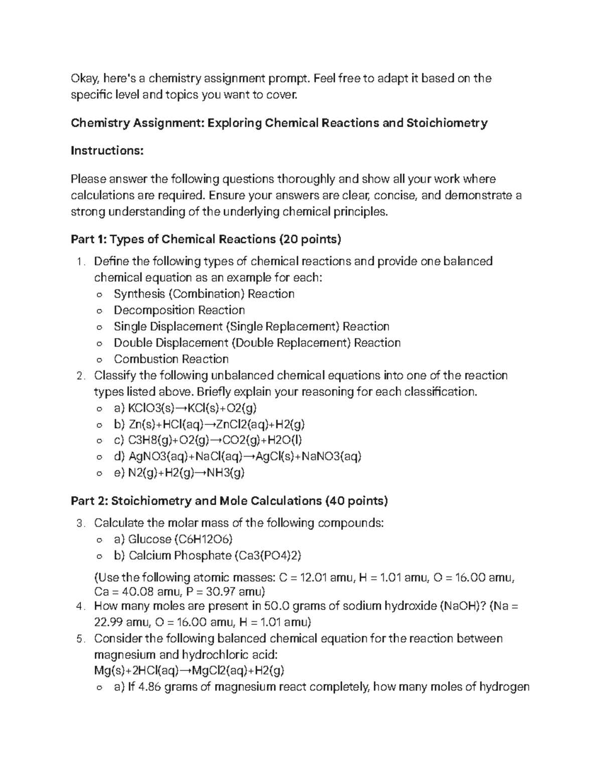 Chemistry 10 Assignment: Chemical Reactions & Stoichiometry - Studocu