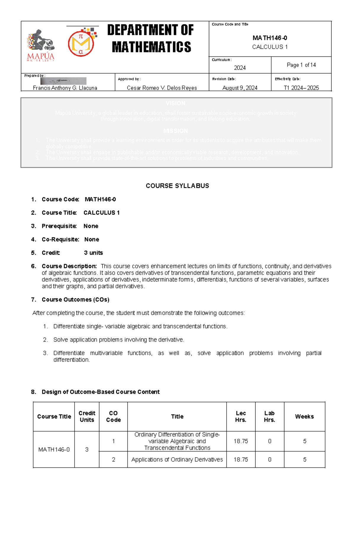 Revised Title: MATH146-0 Syllabus for Calculus 1 (AY 2024-2025) - Studocu