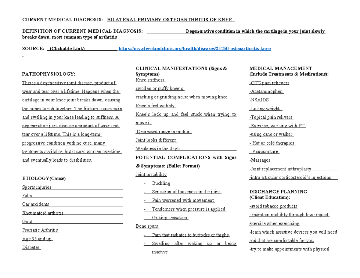 MS patho - CURRENT MEDICAL DIAGNOSIS: BILATERAL PRIMARY OSTEOARTHRITIS ...