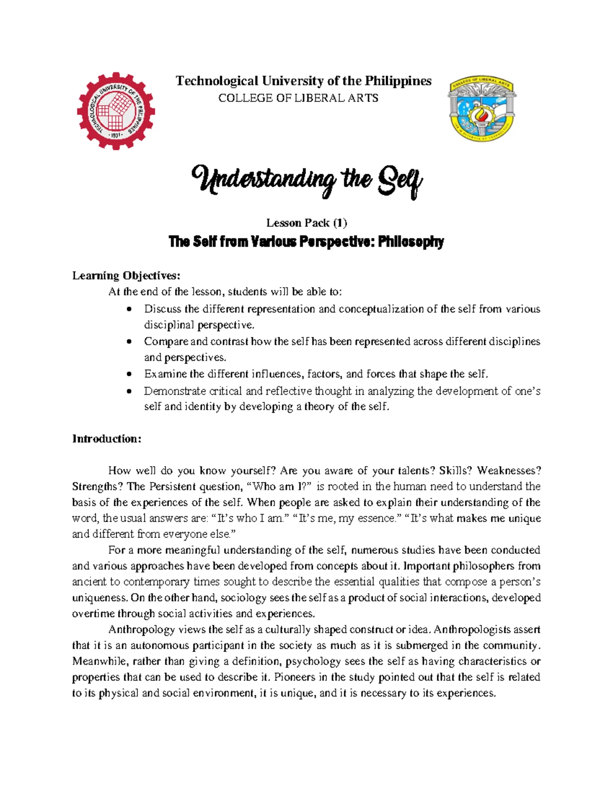 Understanding the Self: Philosophical Perspectives and Reflections - Studocu