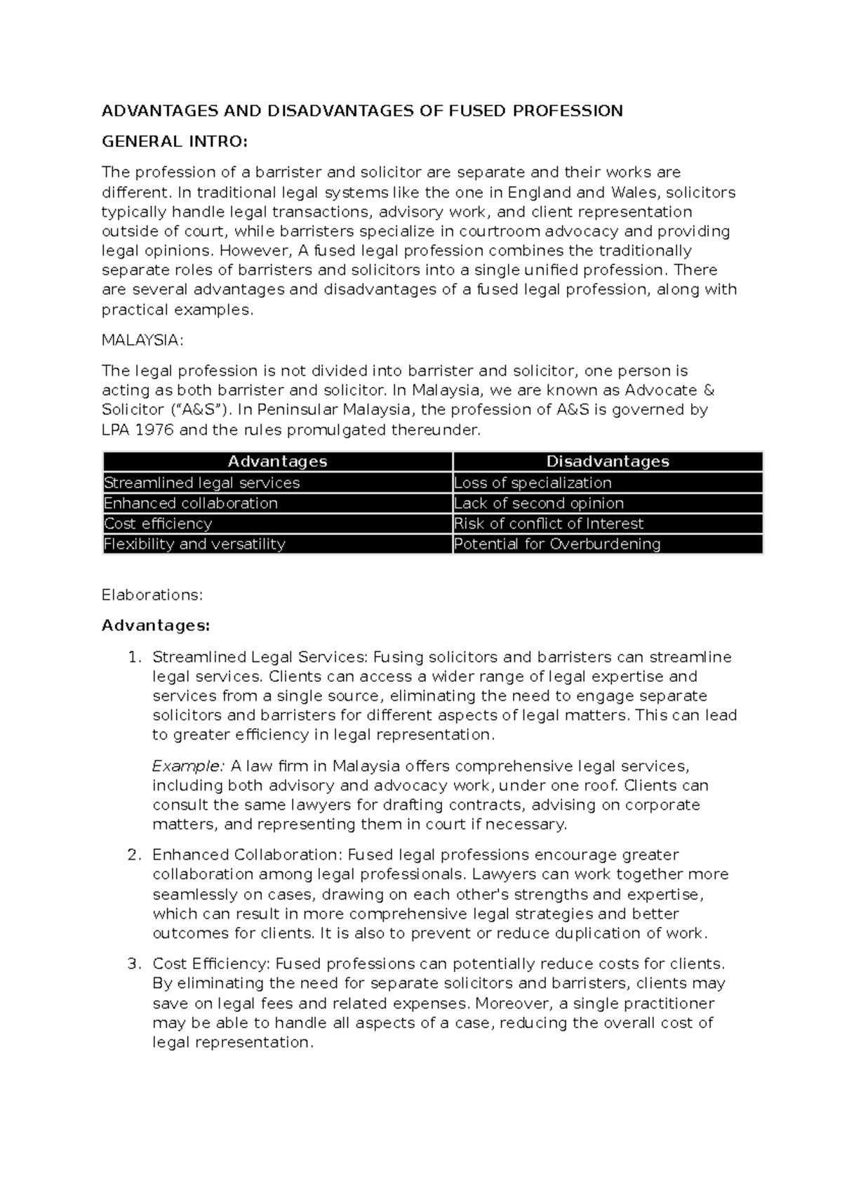 Advantages and Disadvantages of Fused Legal Profession: A Study - Studocu