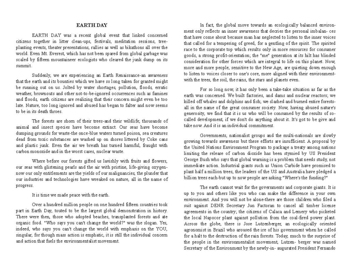 Earth DAY PHIL LIT - Story with poem surrounding the happenings of our ...