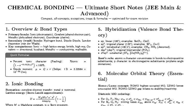 CHEMICAL BONDING Short Notes (JEE Main Advanced) for Exam Prep - Studocu