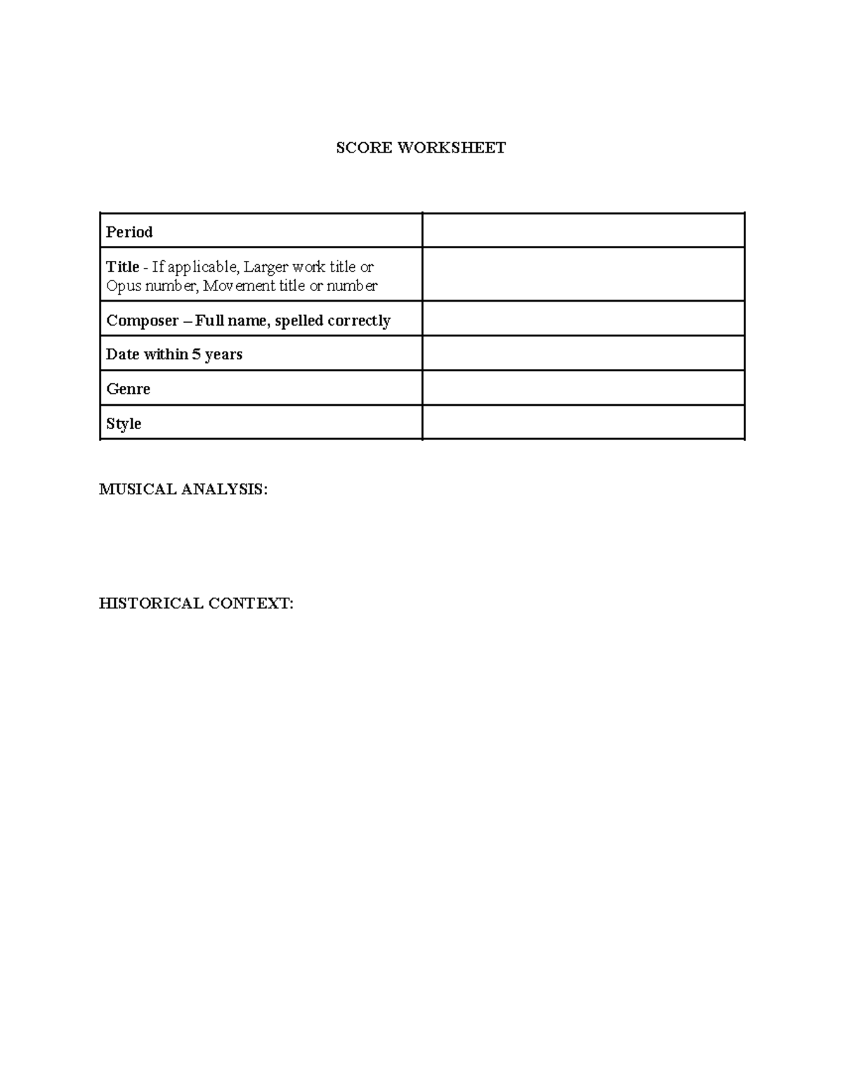SCORE ANALYSIS WORKSHEET: Insights on Major Romantic Composers (MUS 301 ...
