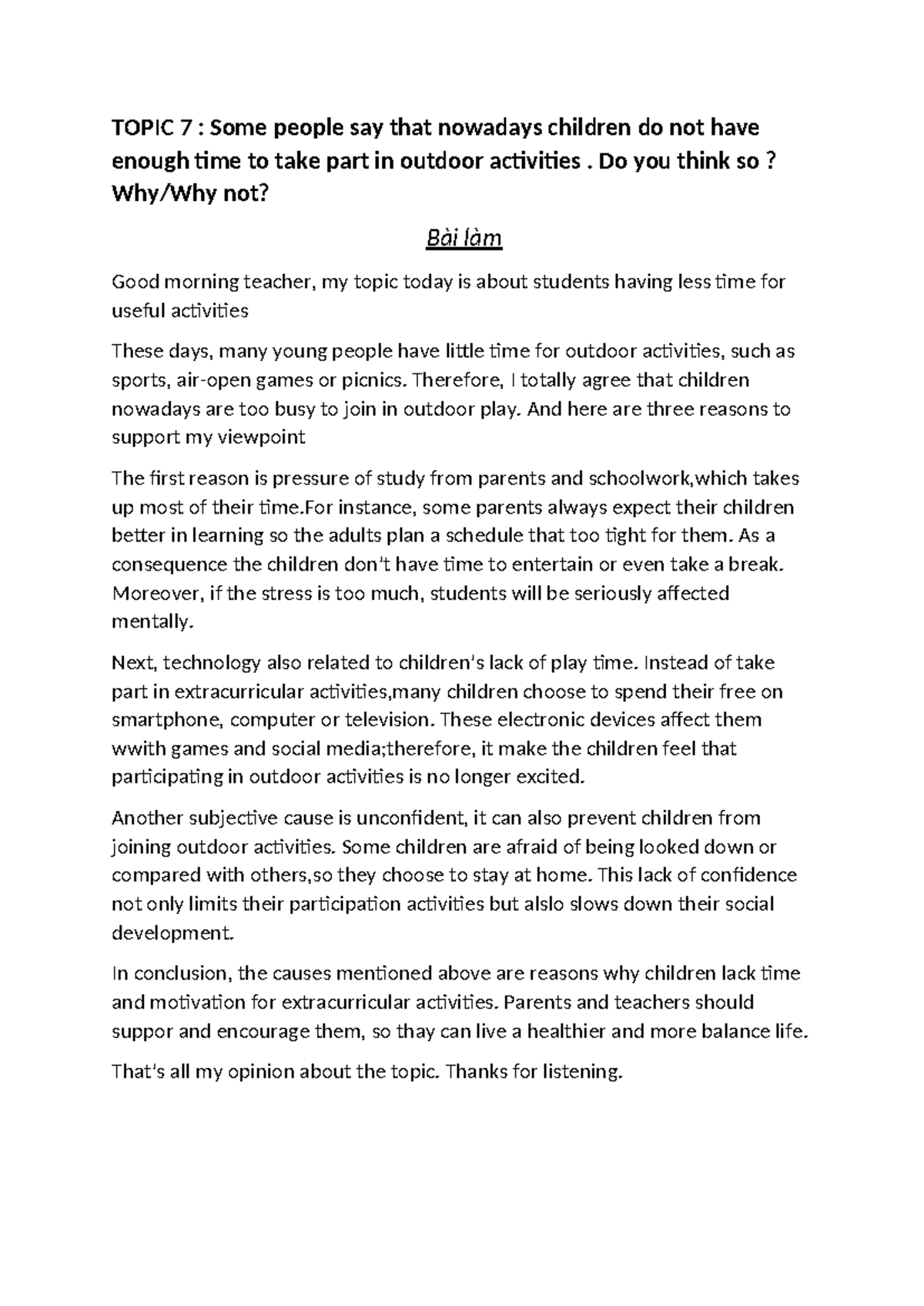 Speaking - Topic 7: The Impact of Busy Schedules on Children's Outdoor ...