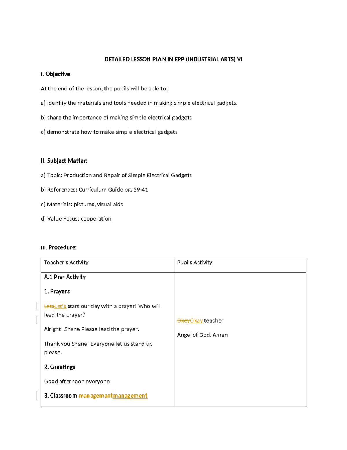 EPP VI Detailed Lesson Plan: Production & Repair of Electrical Gadgets ...