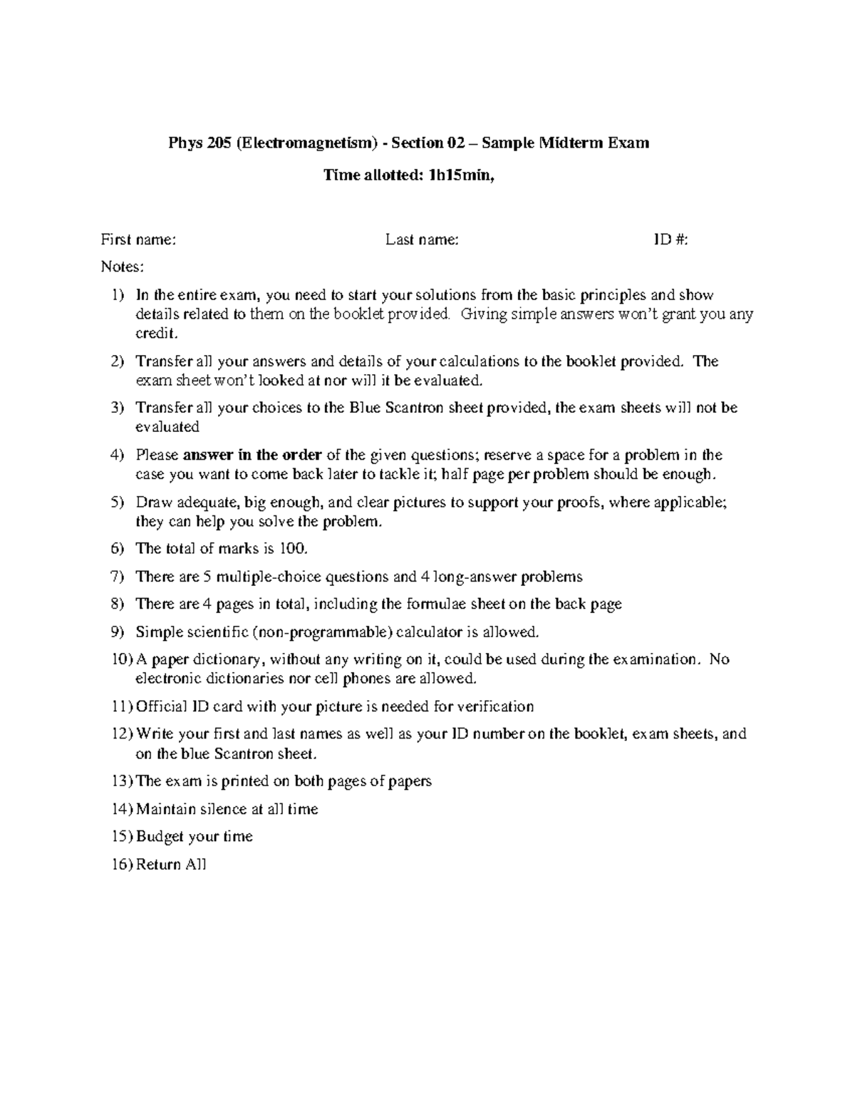 PHYS205 - Midterm Exam Sample Solutions and Guidelines - Studocu