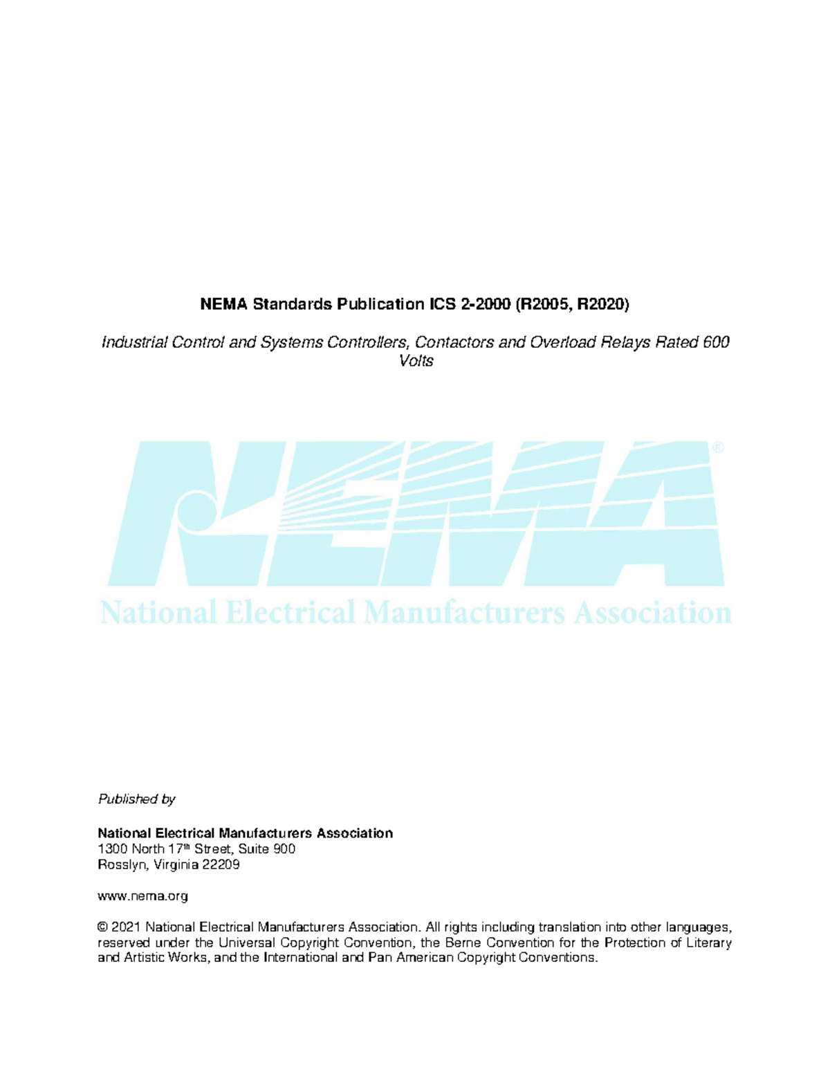 NEMA ICS 2-2000 (R2020) Standards for Industrial Control Equipment ...