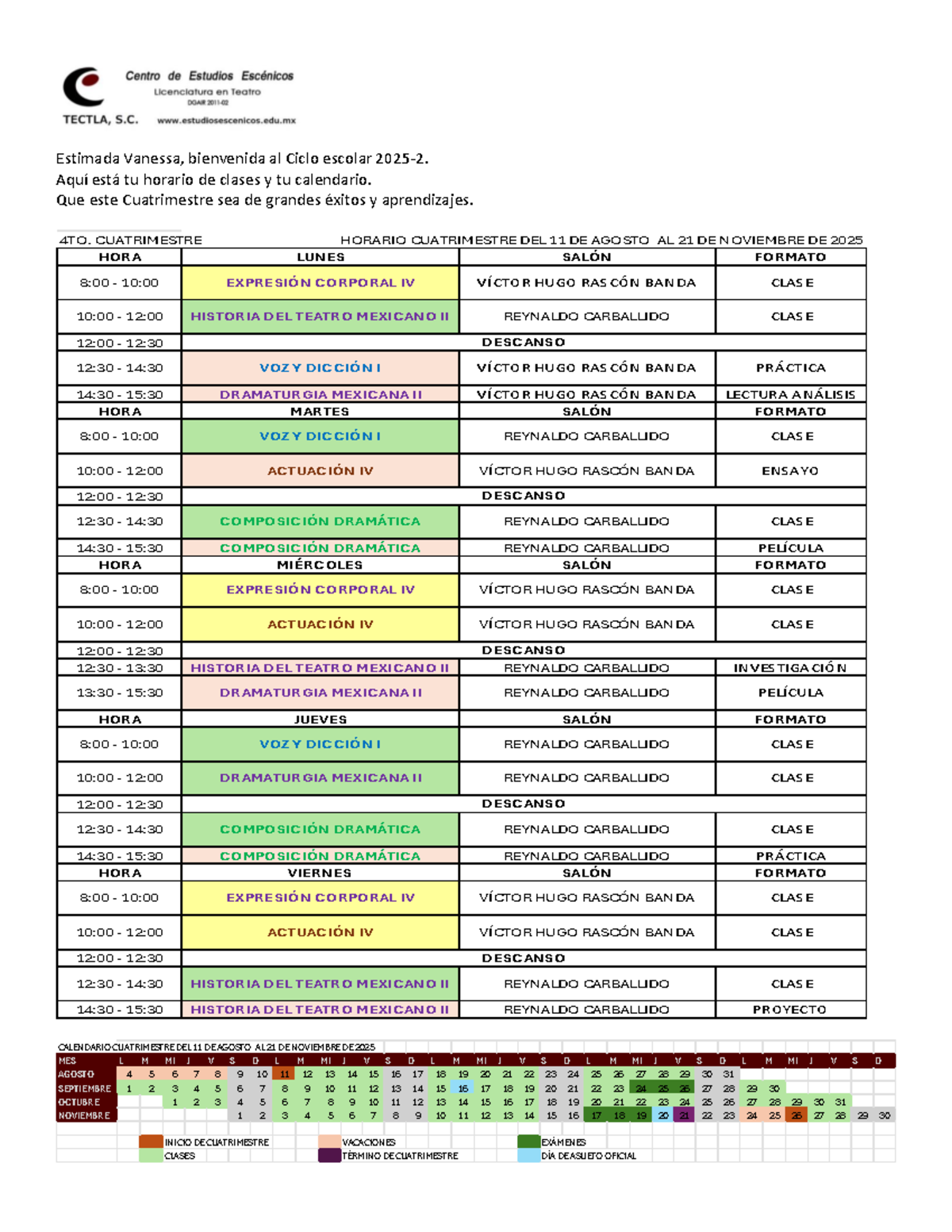 Horario de Clases 4TO Cuatrimestre AGO-NOV 2025 - Studocu