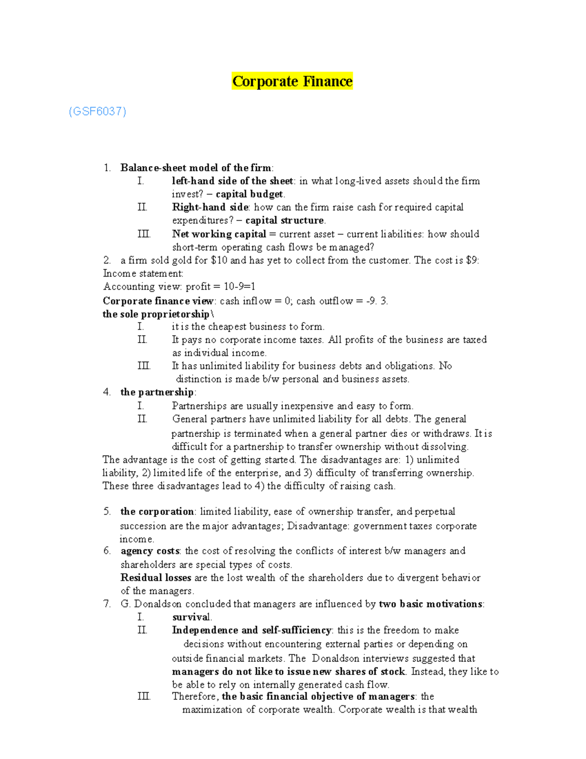 Corporate finance lecture notes - Corporate Finance (GSF6037) Balance ...