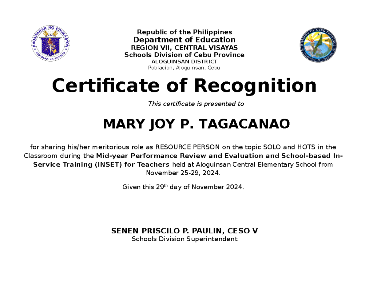 Certicicate-Resource-Person - Republic of the Philippines Department of ...
