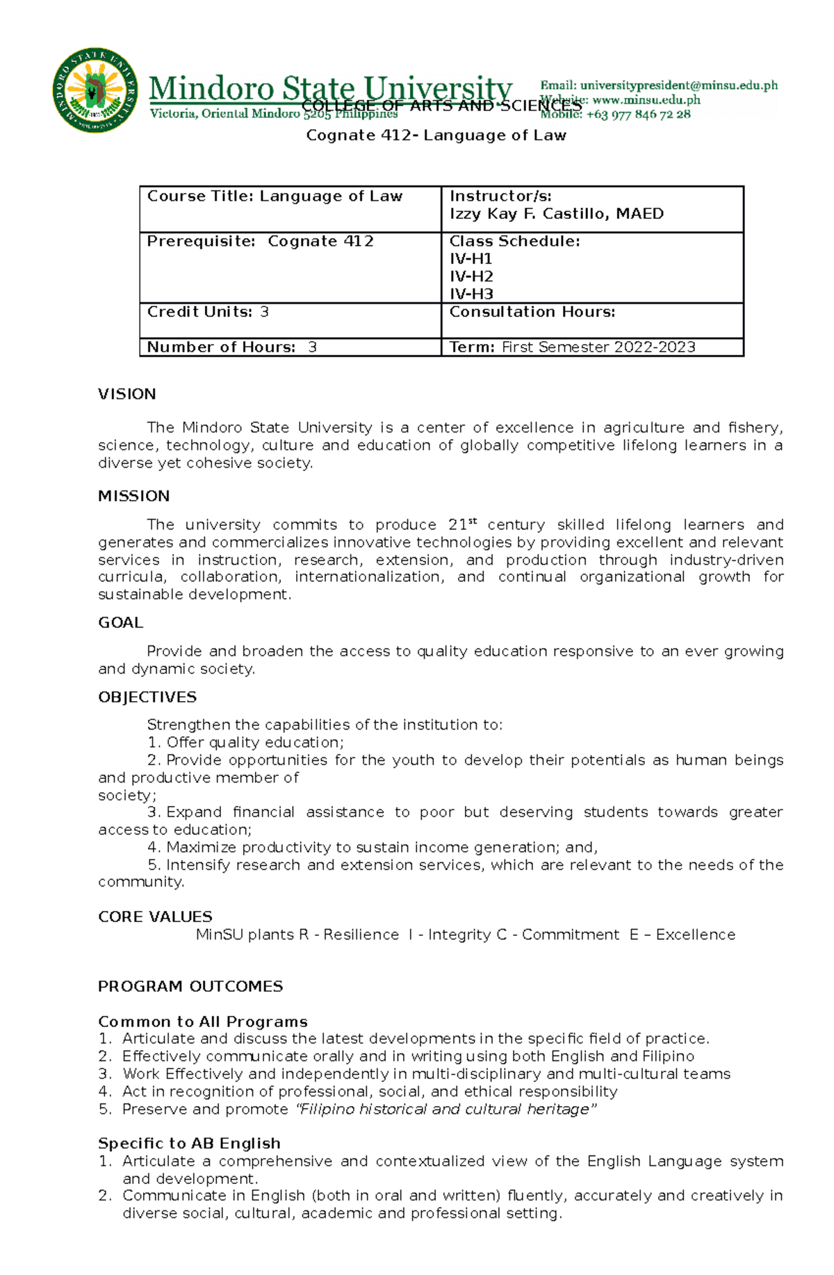 Cognate 412 Syllabus: Language of Law Course Overview and Details - Studocu