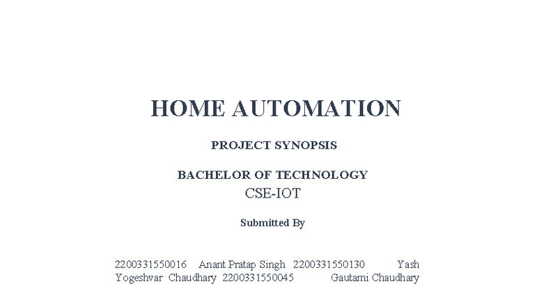 HOME AUTOMATION PROJECT SYNOPSIS (B.Tech) - IoT Integration - Studocu