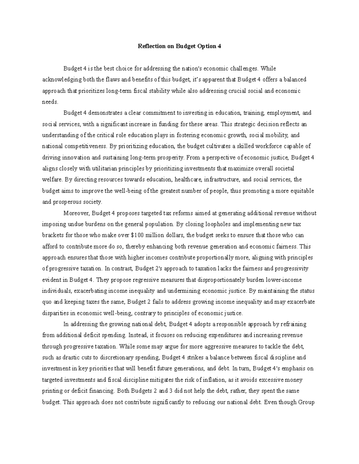 Reflection on Budget Option 4: Analyzing Economic Impacts and Justice ...