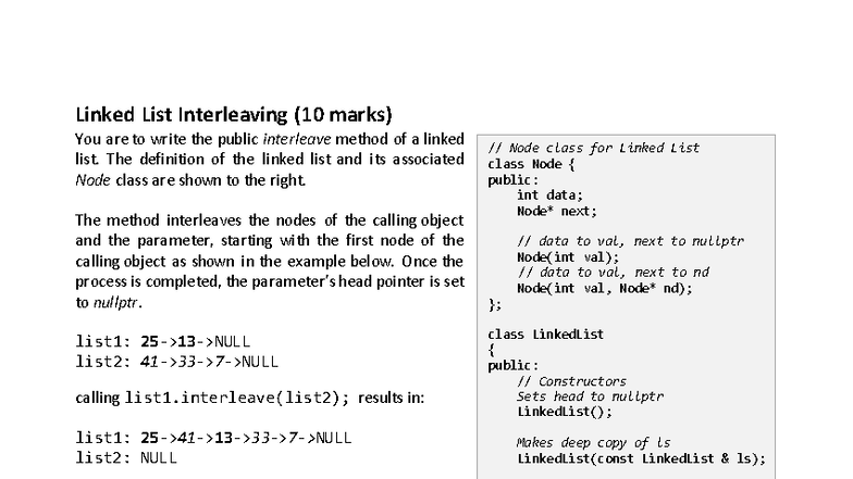 Cmpt225 Midterm: Linked List Interleaving Method (10 Marks) - Studocu