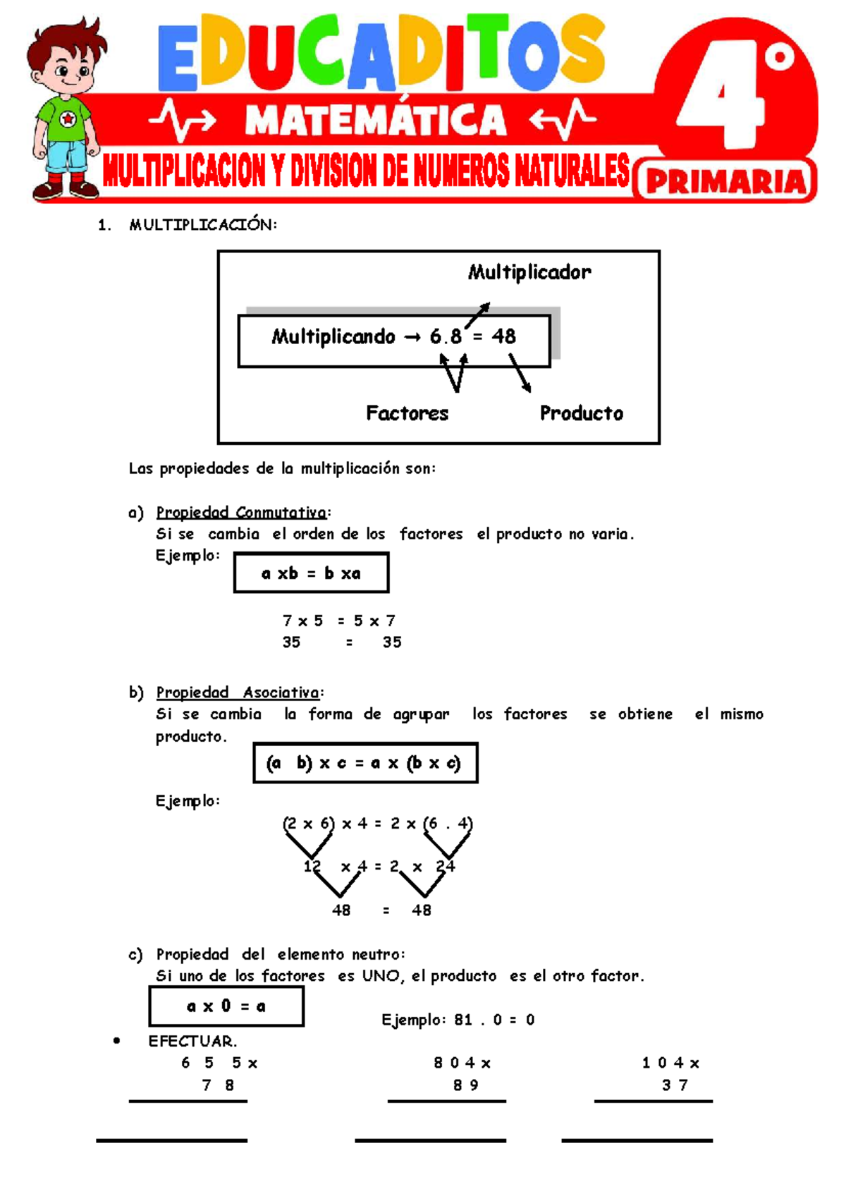 Multiplicación y División de Números Naturales para 4to Grado - Studocu