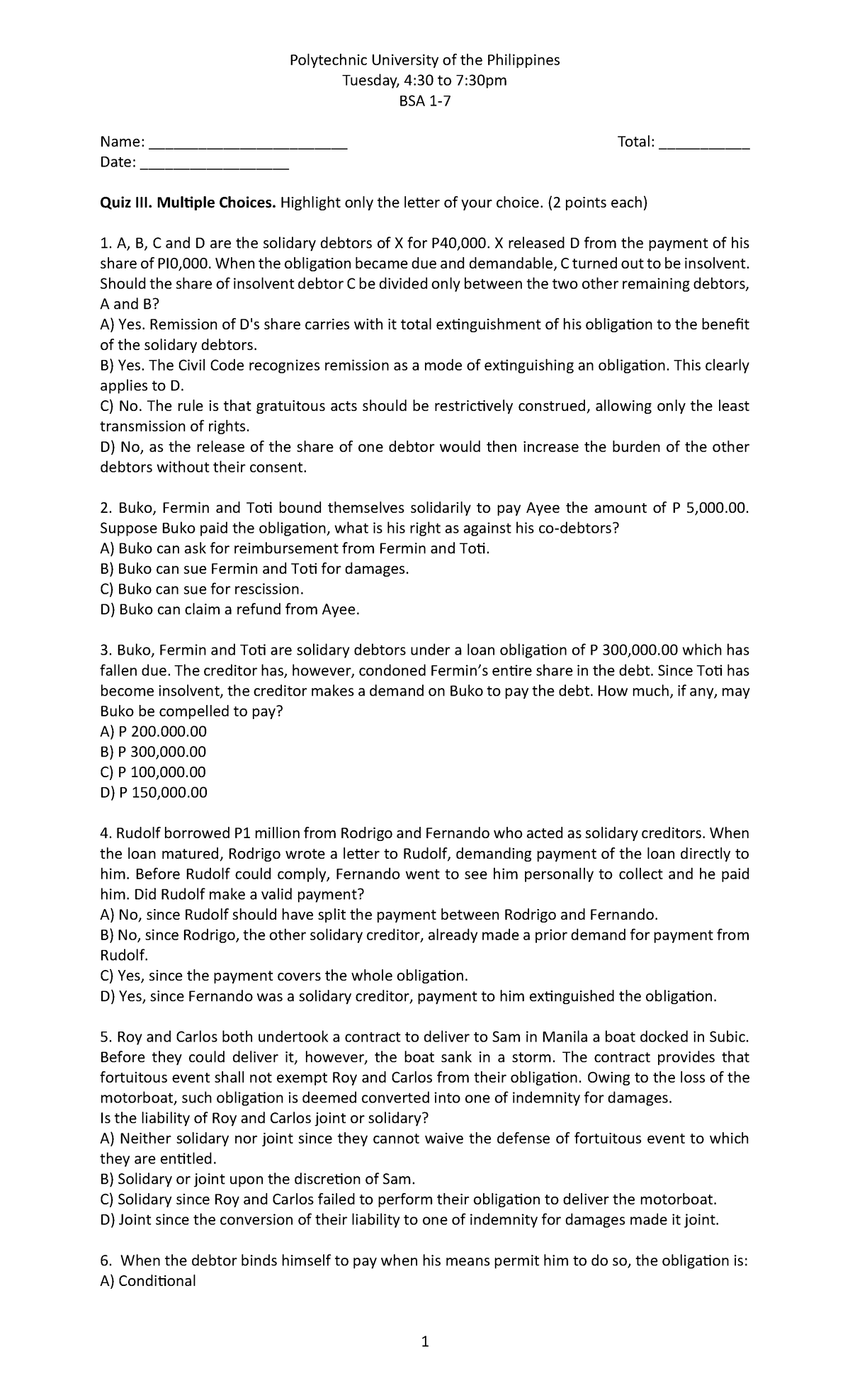 Quiz III - Sample Quiz on Obligations and Contracts (OBL 101) - Studocu