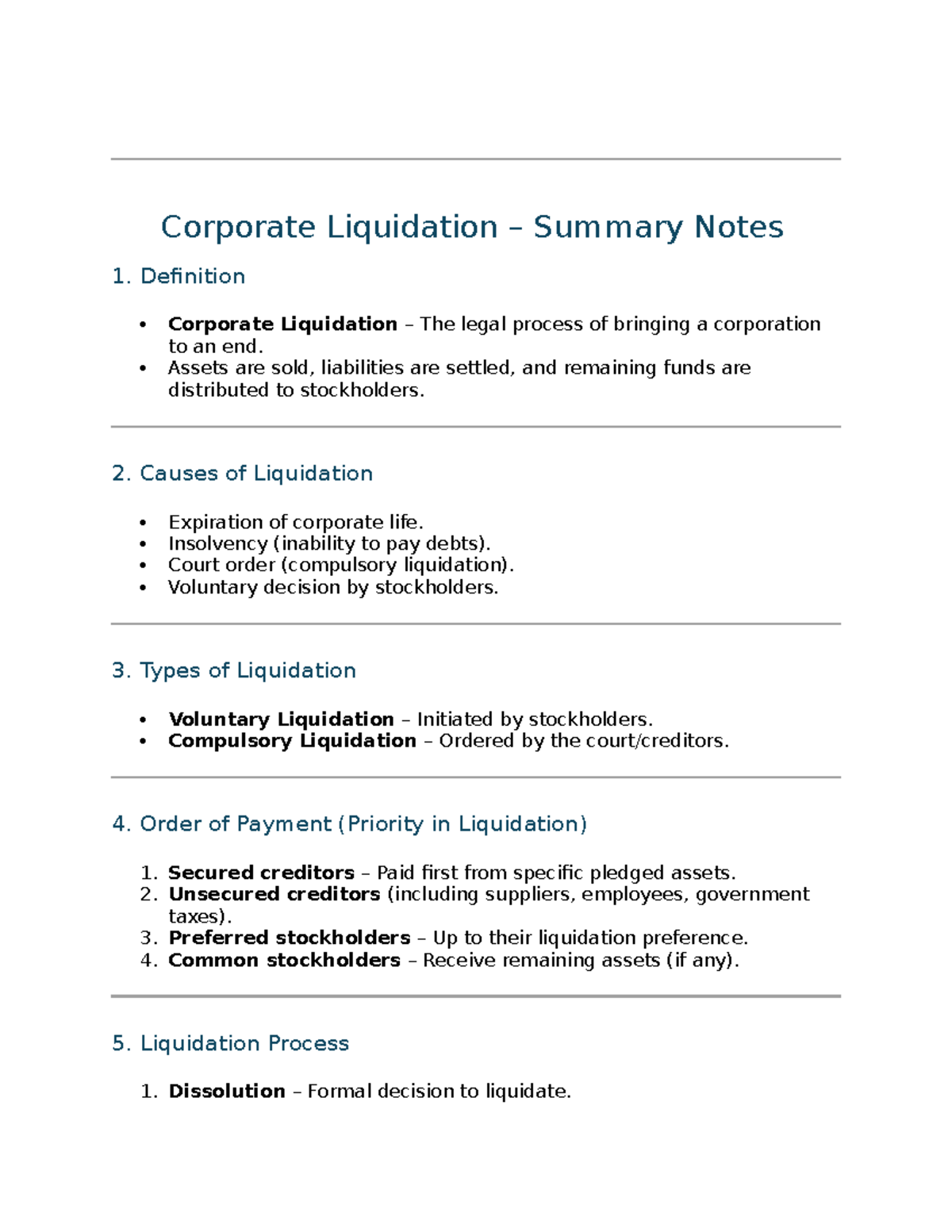 Corporate Liquidation Summary Notes: Key Concepts and Processes - Studocu